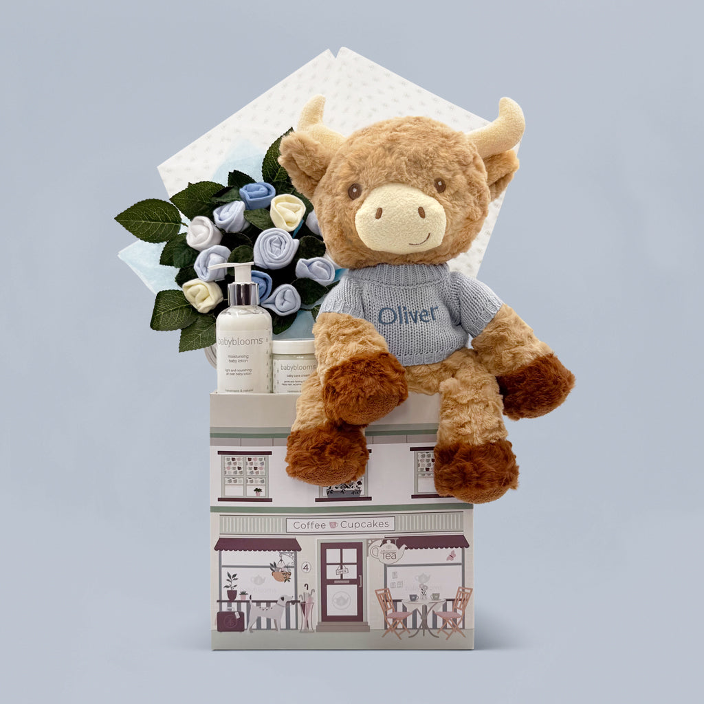Personalised Baby Hamper with Highland Cow Toy, Blue | Baby Gifts ...