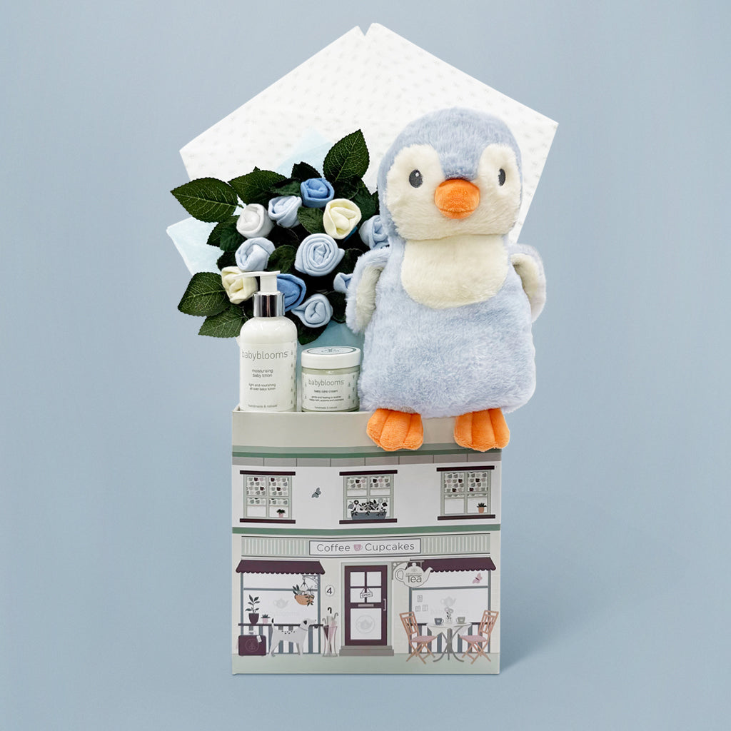 Blue Welcome Baby Hamper with Penguin Soft Toy | Baby Gifts | Hampers ...