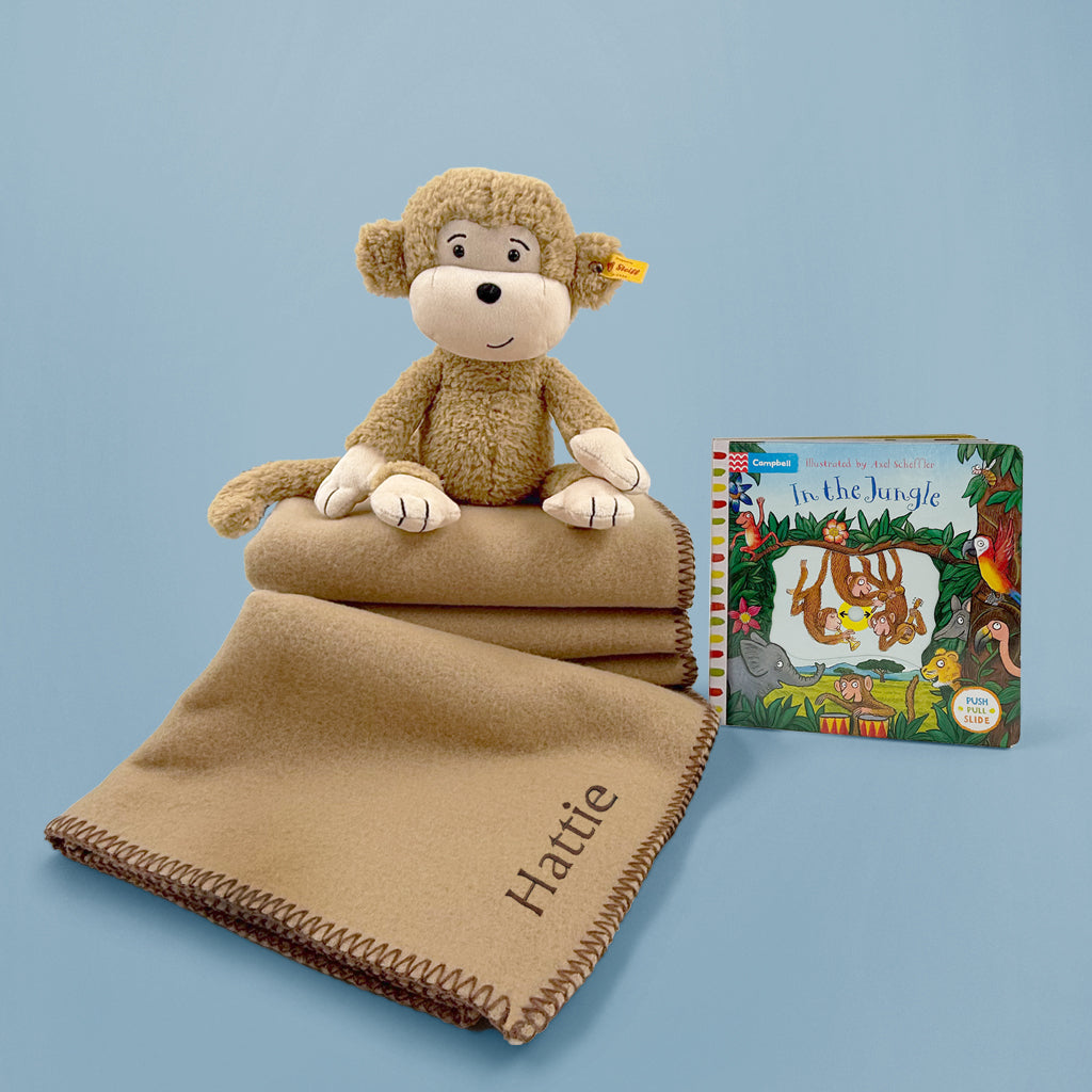 Monkey Soft Toy with Book and Personalised Fleece Blanket | Steiff ...