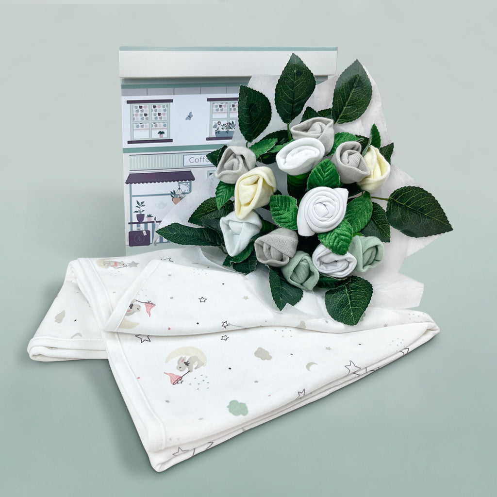 Welcome Posy with Baby Wrap, Blue | Babyblooms | New Baby Boy Gifts