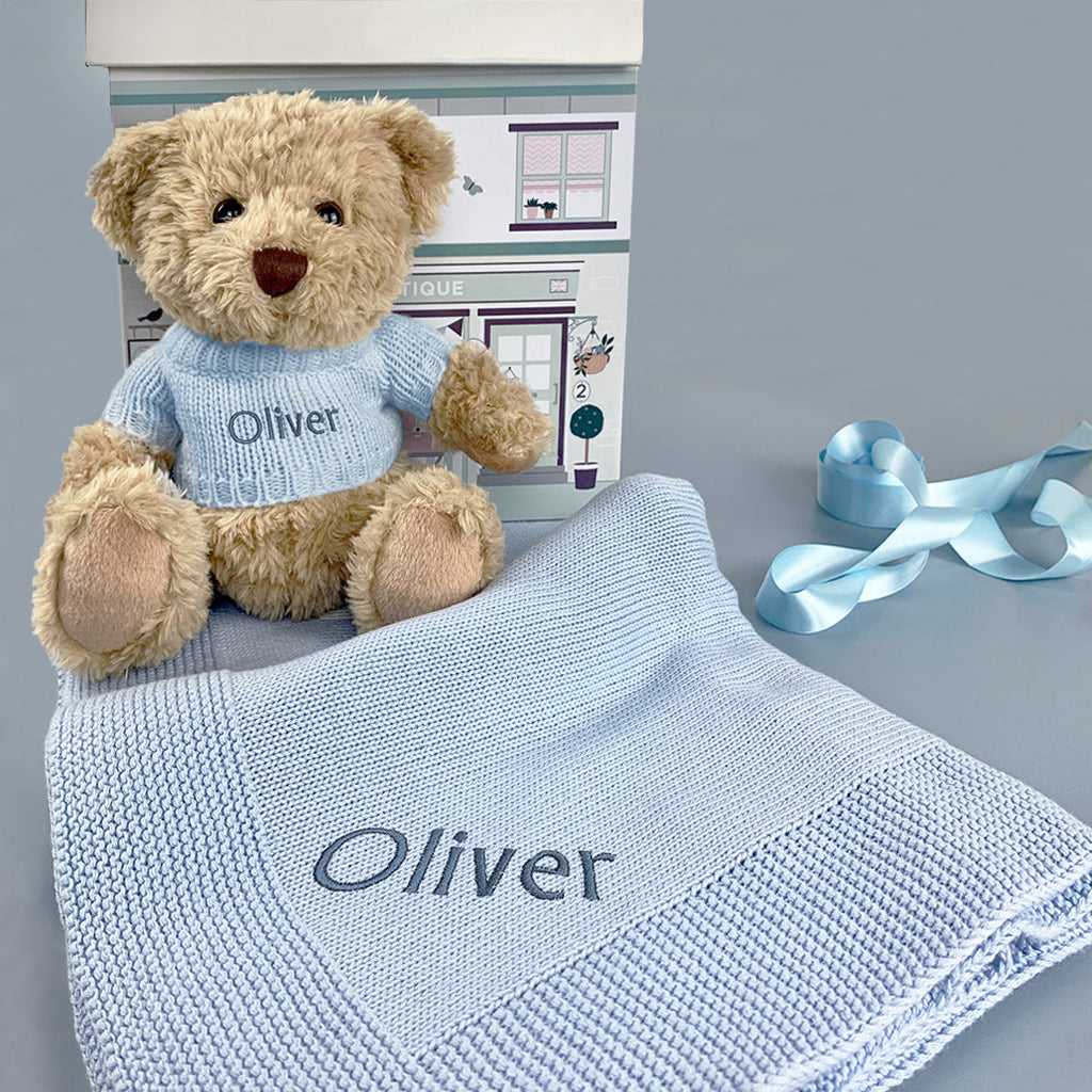 Personalised Bertie Bear With Knitted Blanket, Blue | Babyblooms